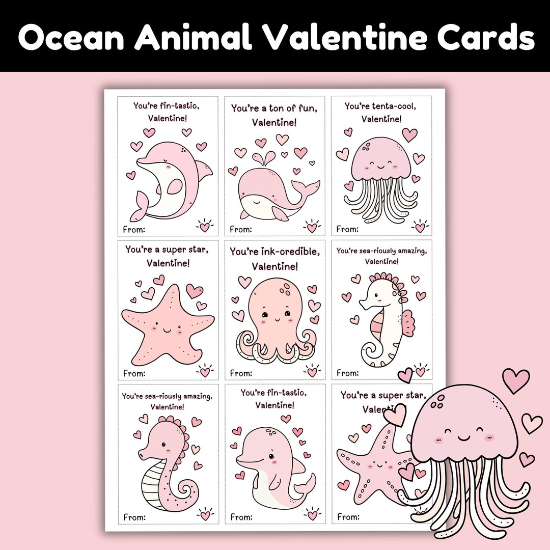 Ocean Animal Valentine Cards – Printable Kids Valentines, Dolphin ...