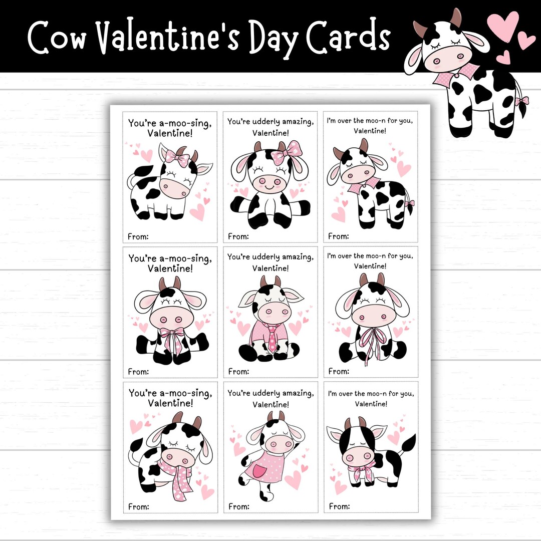 Cute Cow Valentine's Day Cards to Print, Printable Valentines, Cow ...