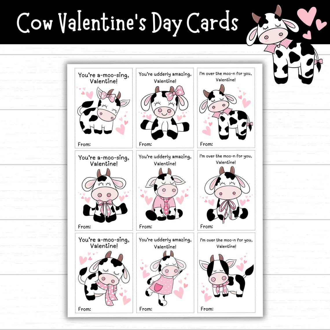 Cute Cow Valentine's Day Cards to Print, Printable Valentines, Cow ...