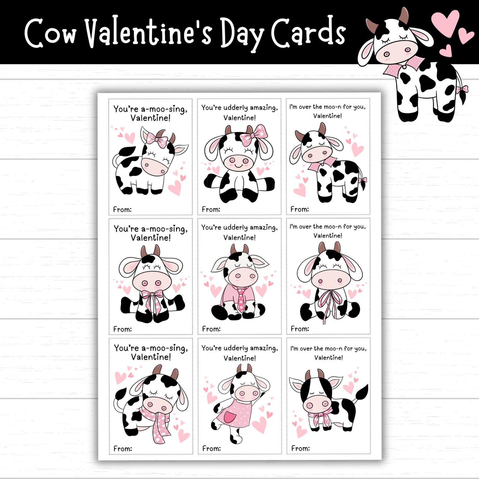 Cute Cow Valentine's Day Cards to Print, Printable Valentines, Cow ...