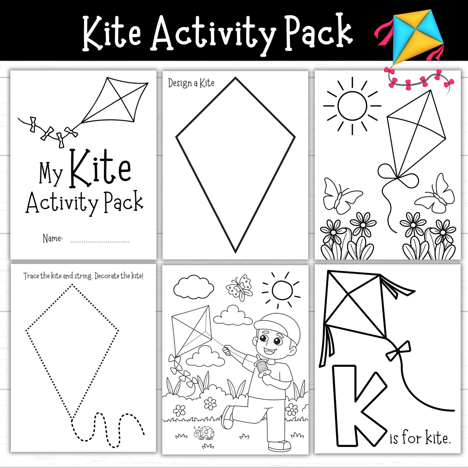 Kite Activity Pack for Kids, Kite Printables, Printable Kite Coloring ...