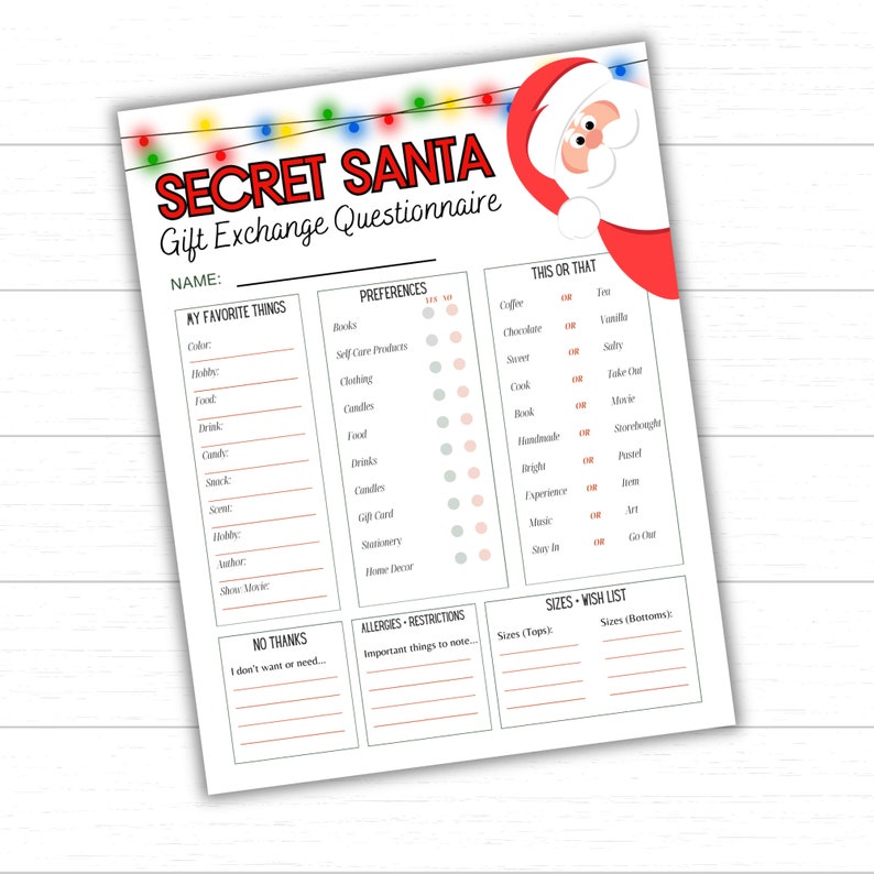 Secret Santa Questionnaire, Secret Santa Gift Exchange Printable ...