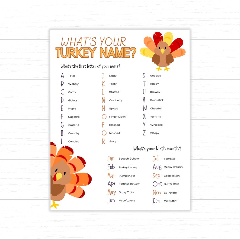 What's Your Turkey Name Game, Printable What's Your Turkey Name Game ...