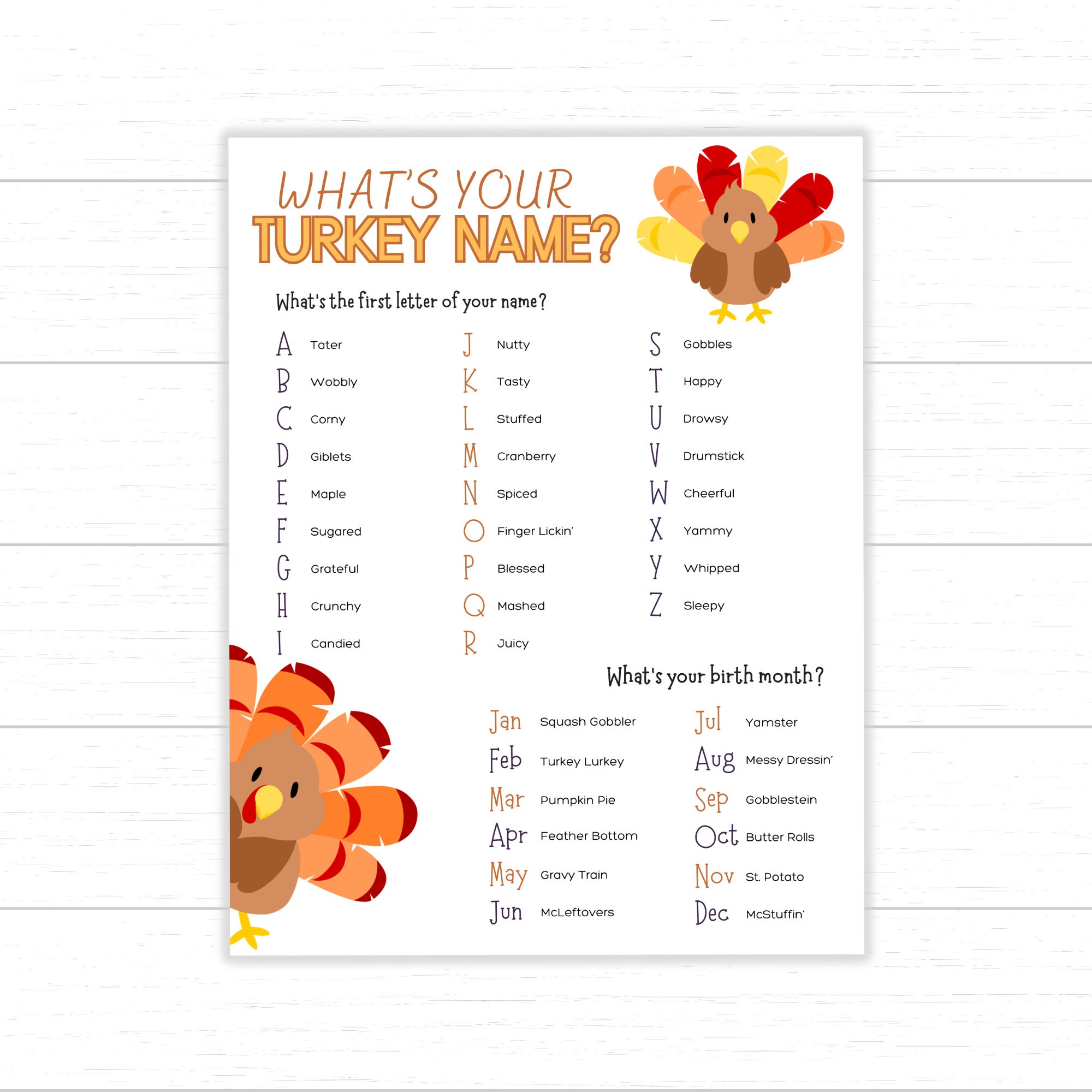 What's Your Turkey Name Game, Printable What's Your Turkey Name Game ...