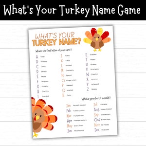 What's Your Turkey Name Game, Printable What's Your Turkey Name Game ...