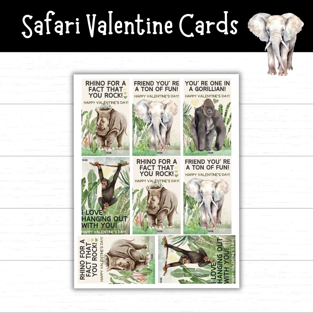Safari Valentine's Day Cards, Safari Animal Printable Valentine Cards ...