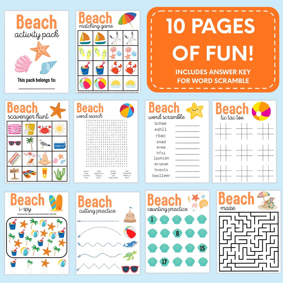 Beach Activity Pack for Kids Printable, Summer Activity Sheets, Beach ...