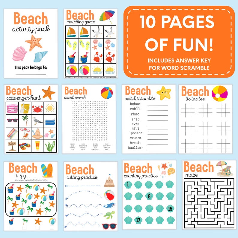 Beach Activity Pack for Kids Printable, Summer Activity Sheets, Beach ...