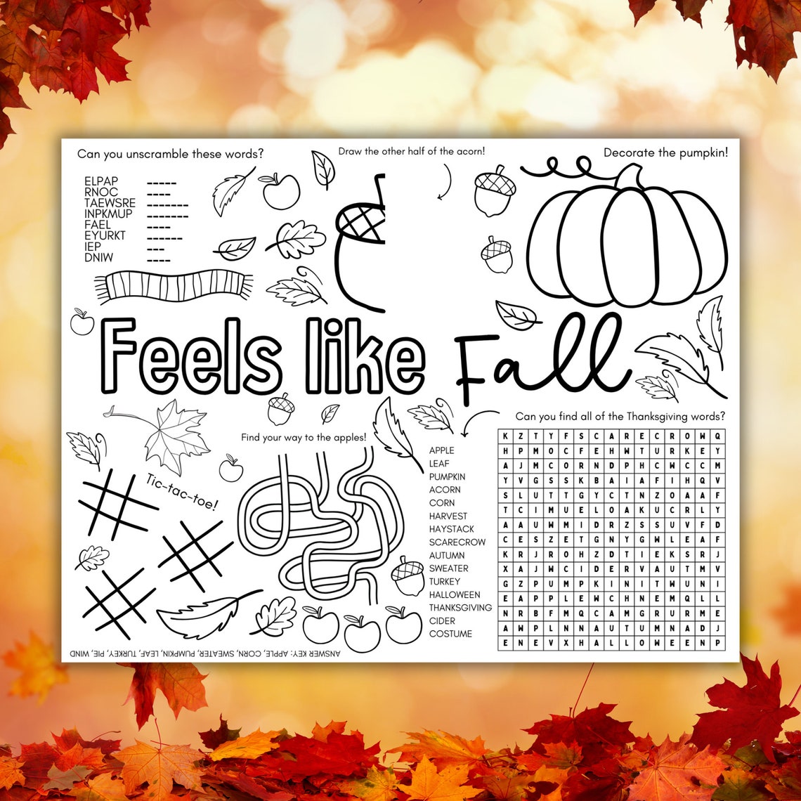 Fall Placemat Activity Printable, Fall Placemats, Fall Activities for ...