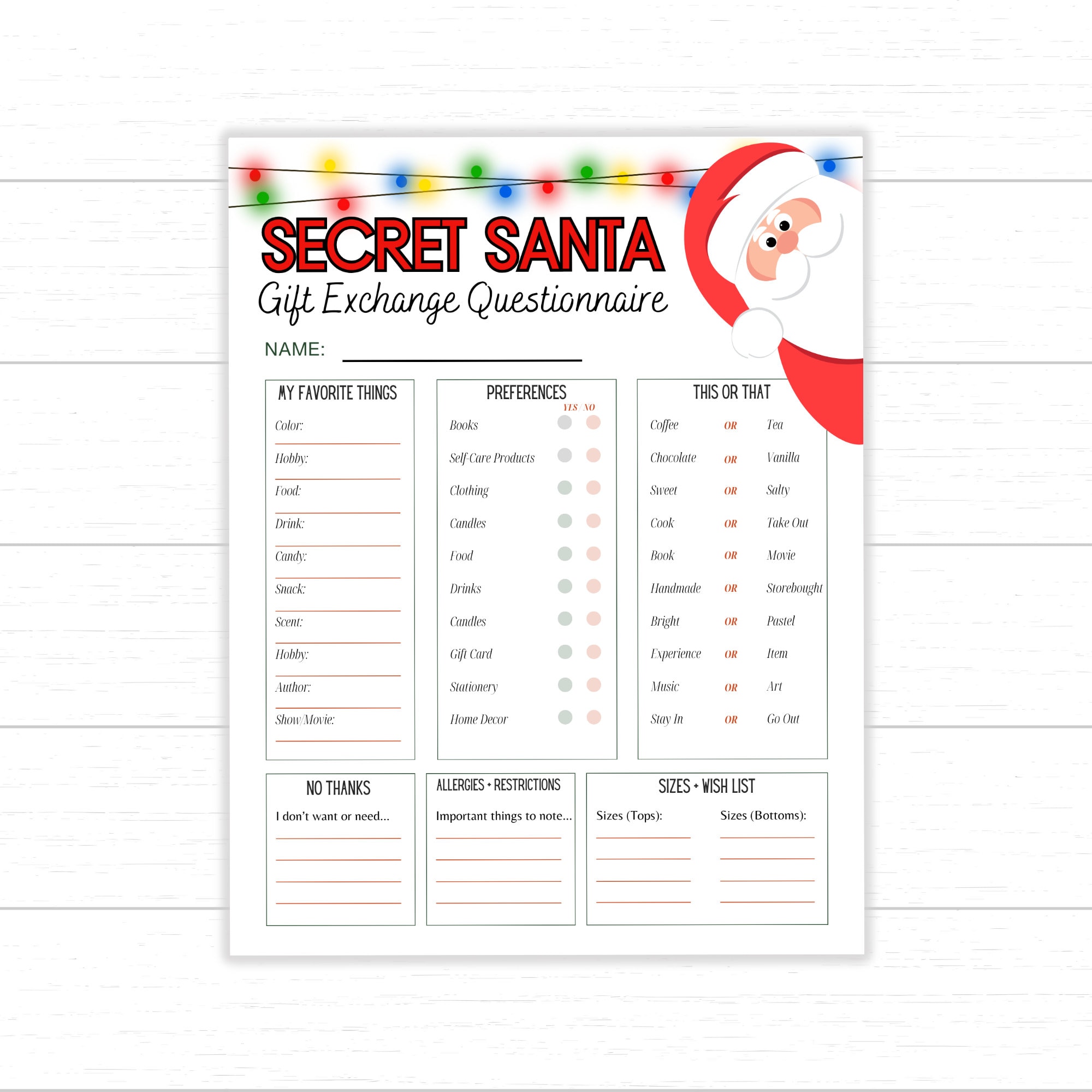 Secret Santa Questionnaire, Secret Santa Gift Exchange Printable, Questions for Secret Santa ...