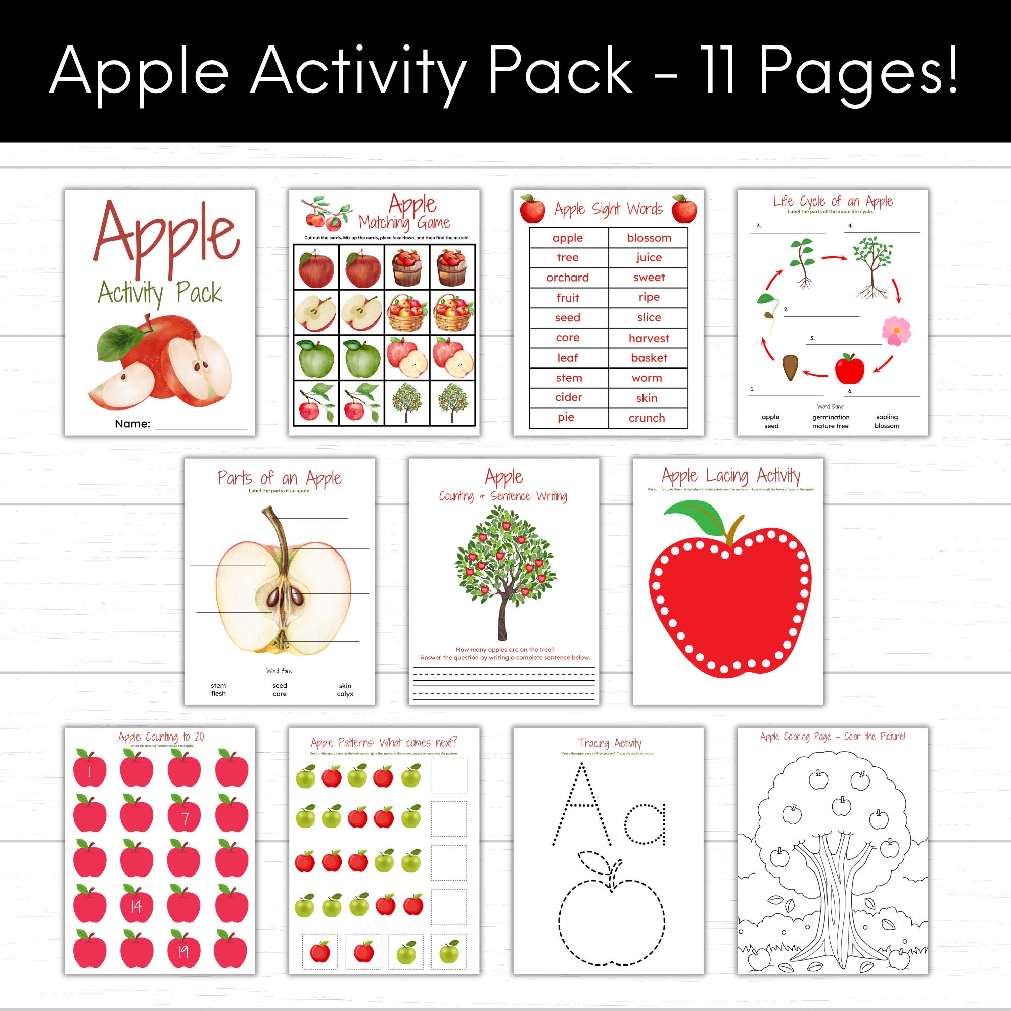 Apple Activity Pack for Kids, Printable Learning Bundle, Apple ...