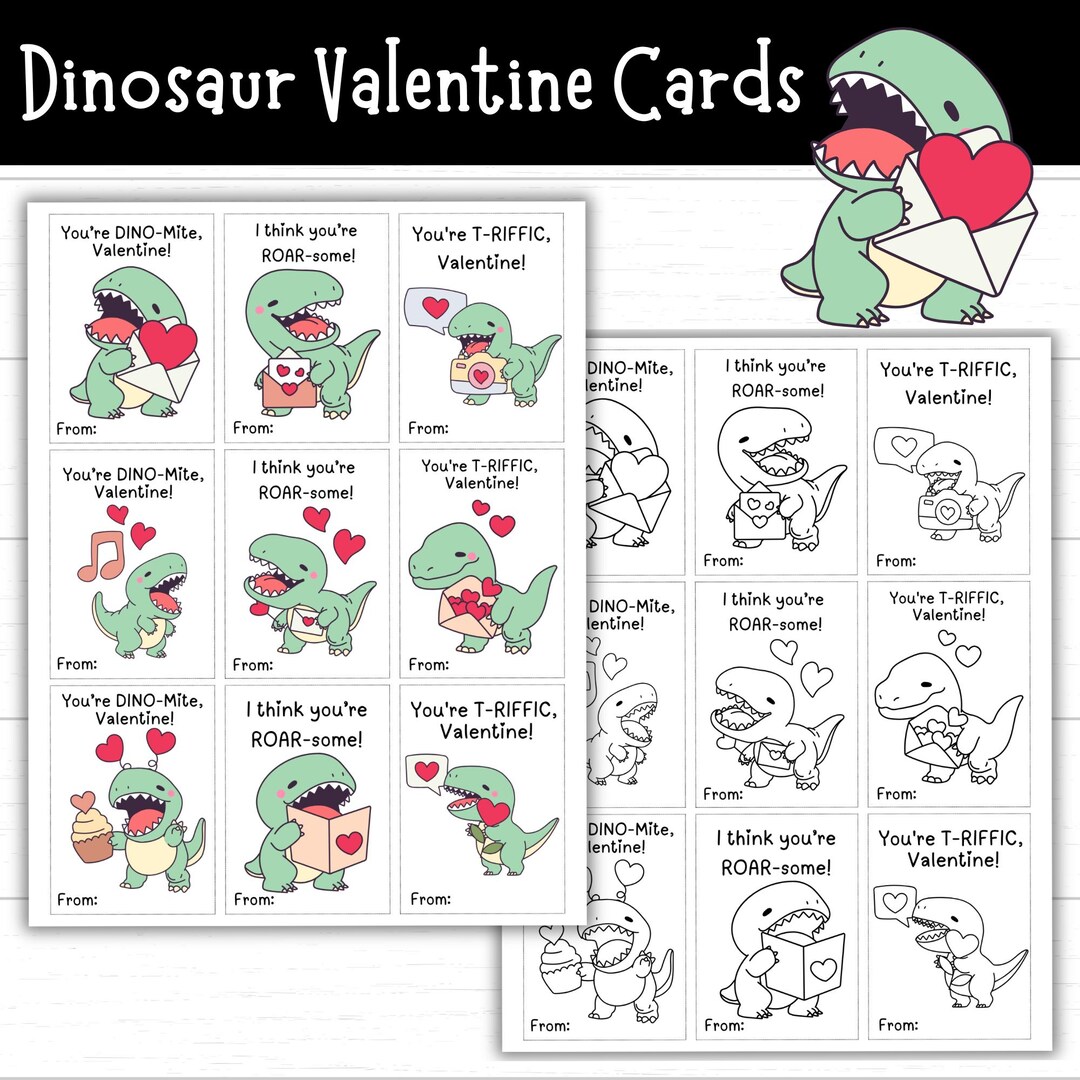 Cute Dinosaur Valentine's Day Cards Printable, T-rex Cards to Print ...