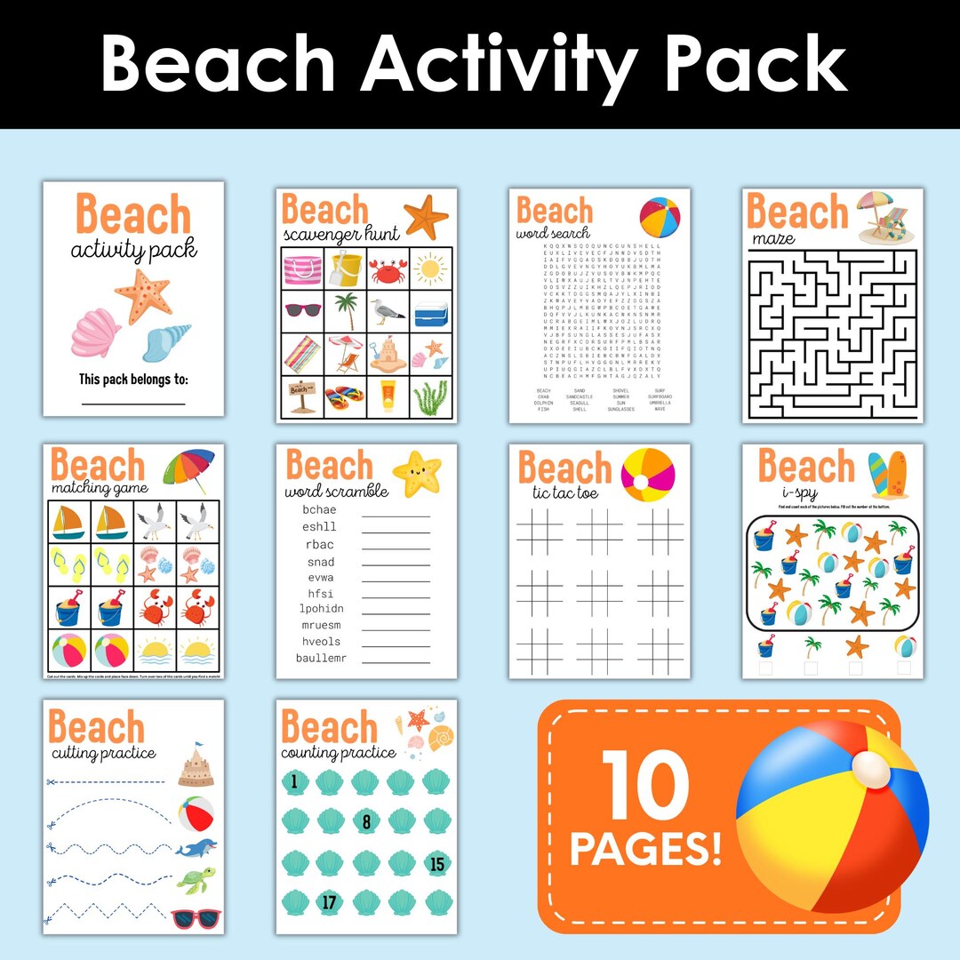 Beach Activity Pack for Kids Printable, Summer Activity Sheets, Beach ...