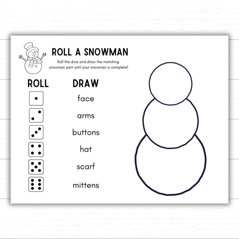 Roll a Snowman Printable, Winter Dice Game for Kids, Snowman Drawing ...