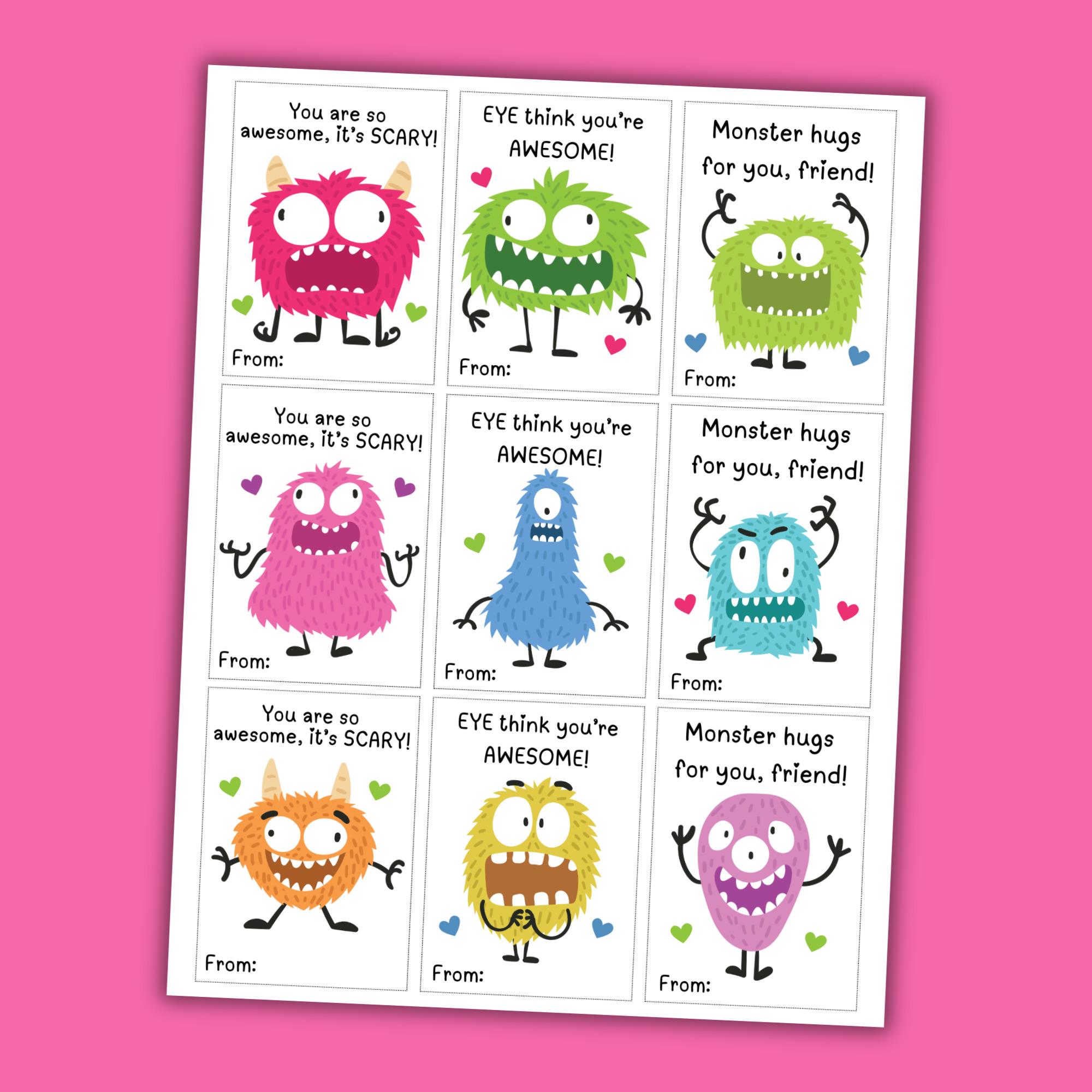 Printable Monster Valentine Cards for Kids – Cute DIY Classroom ...