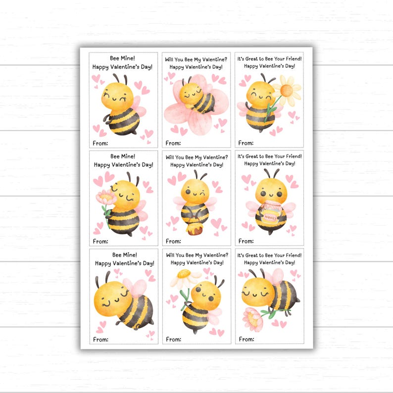Bee Valentine's Day Cards, Printable Valentines, Bumble Bee Cards, Bee ...