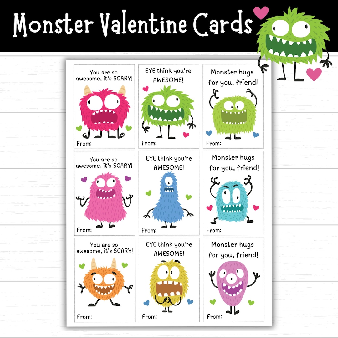 Monster Valentine's Day Cards Printable, Cute Monster Themed Cards to ...