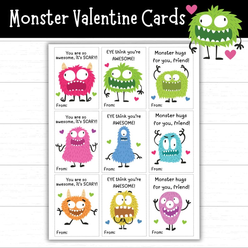 Monster Valentine's Day Cards Printable, Cute Monster Themed Cards to ...