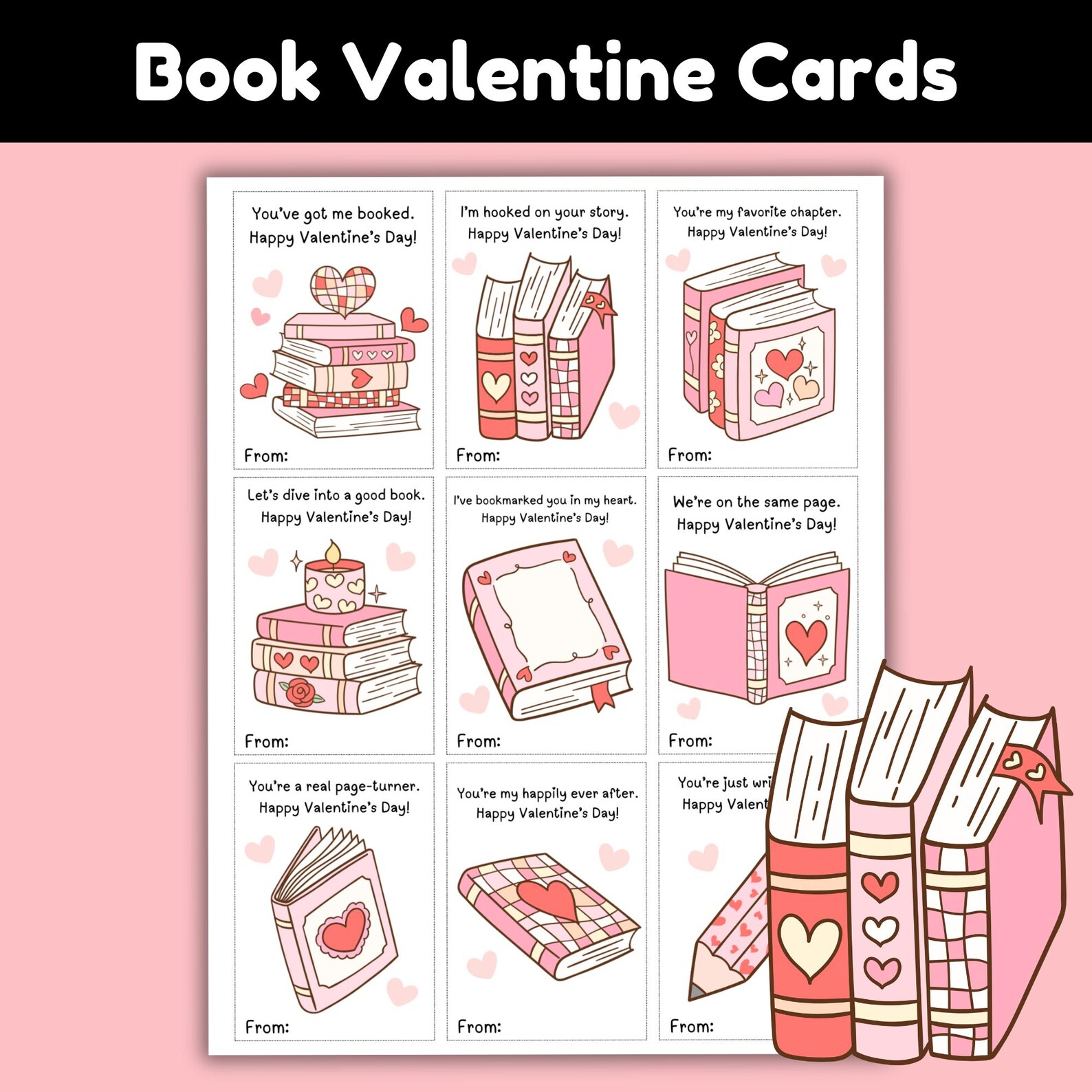 Book Valentine Cards Printable for Kids, Book-themed Valentine’s Day ...