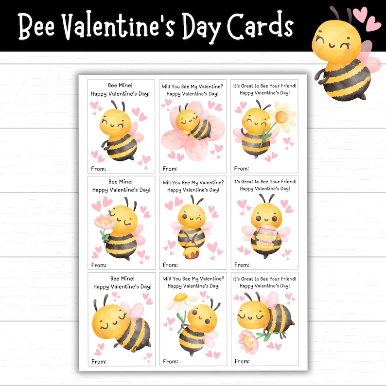 Bee Valentine's Day Cards, Printable Valentines, Bumble Bee Cards, Bee ...