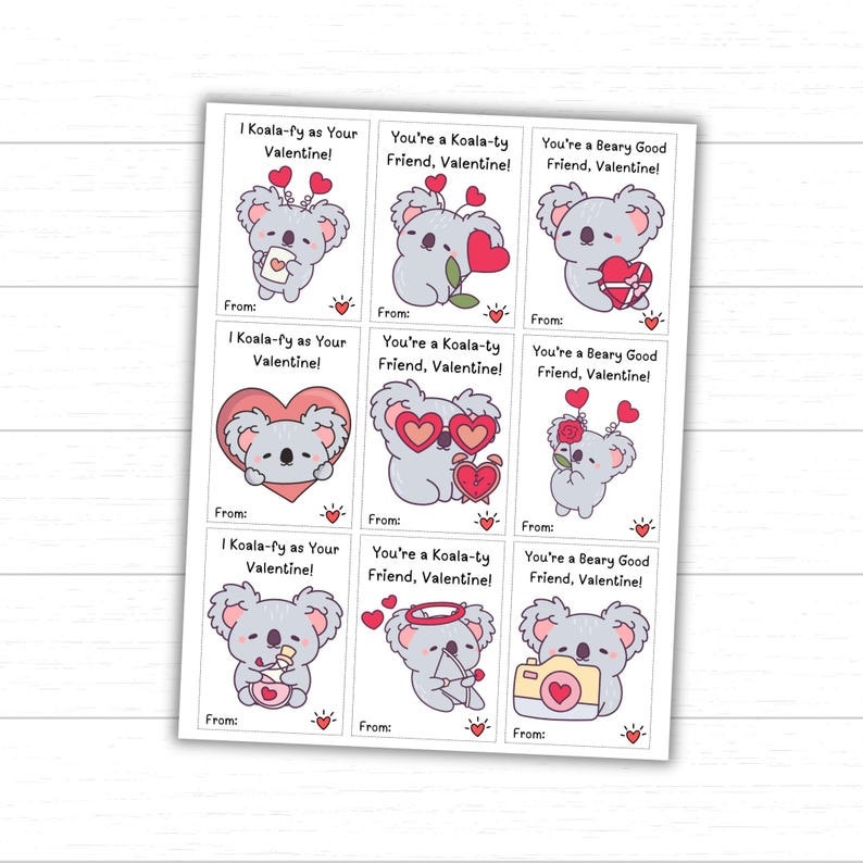Koala Valentine Cards for Kids Printable | Classroom Valentine Exchange ...