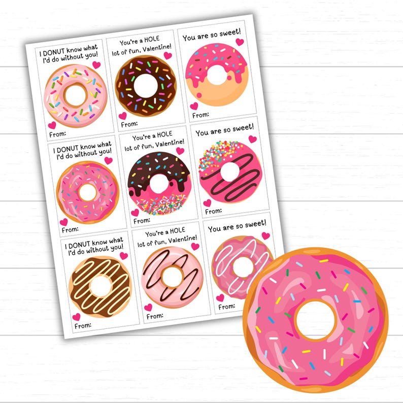 Donut Valentine Cards Printable for Kids, Donut Valentine’s Day Cards ...