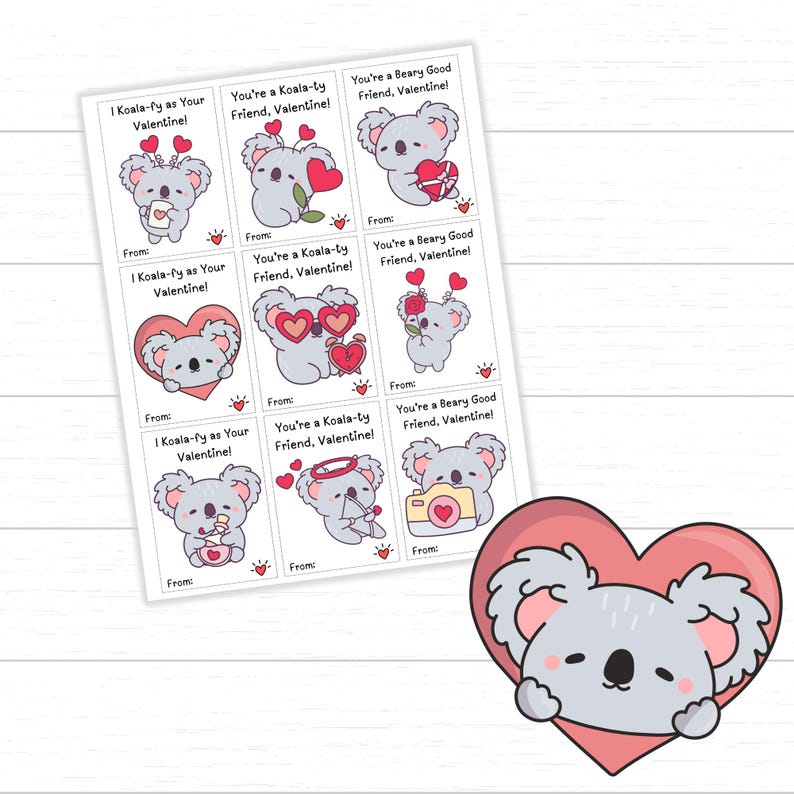 Koala Valentine Cards for Kids Printable | Classroom Valentine Exchange ...