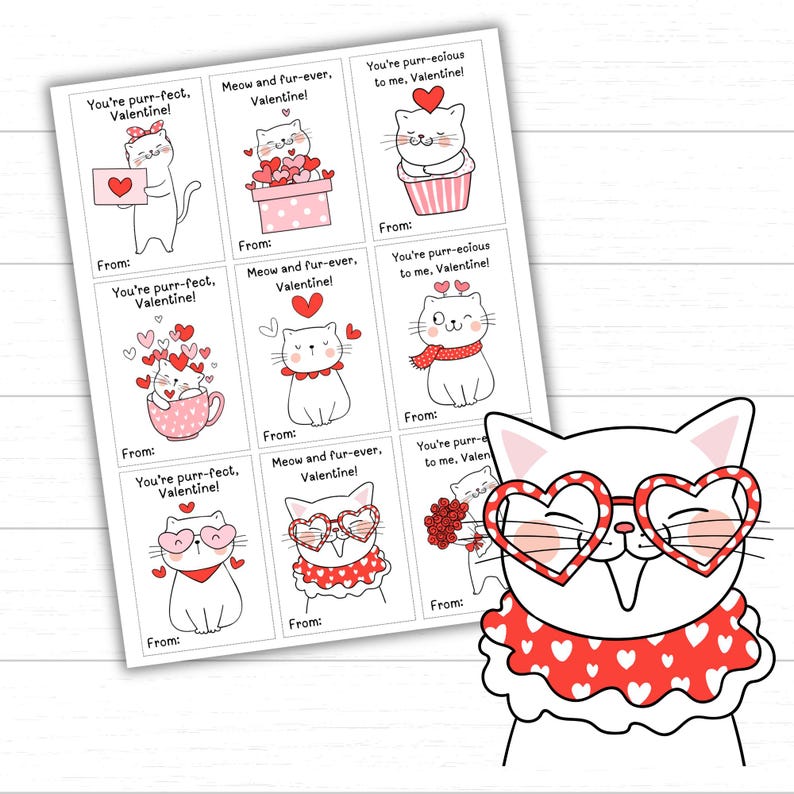 Printable Cat Valentine Cards - Kids Classroom Valentines (instant ...