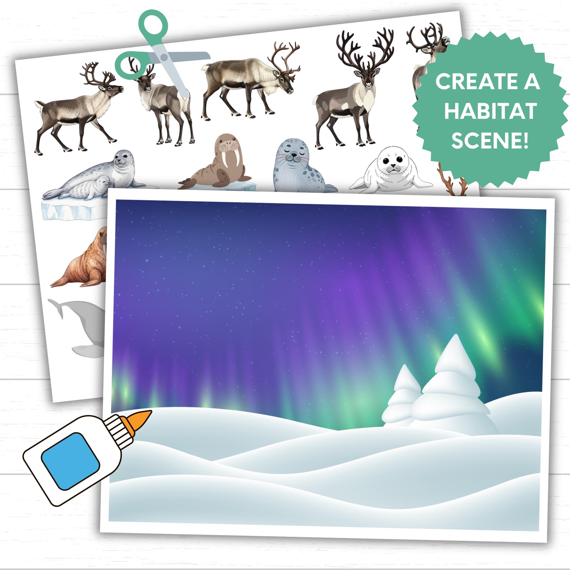 Arctic Animals Cut and Paste Activity, Arctic Habitat Scenes Printable ...