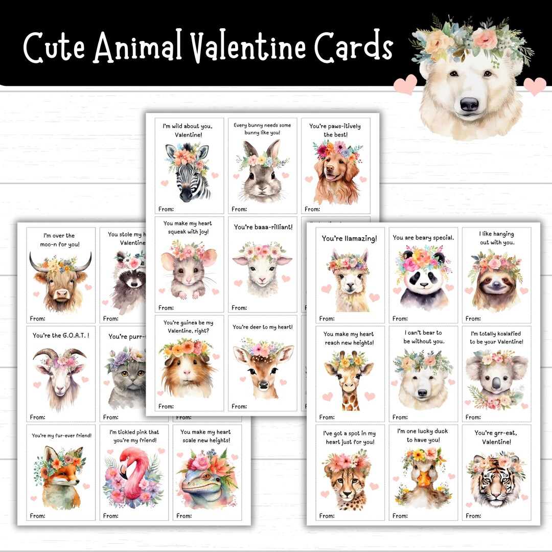 Cute Animal Valentine Cards, Printable Animal Valentines, Classroom ...