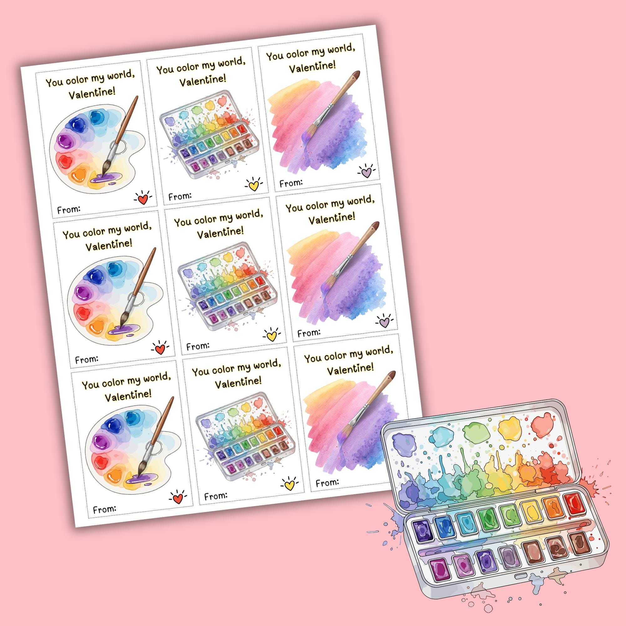 You Color My World Printable Valentine Cards, Paint Palette, Watercolor ...