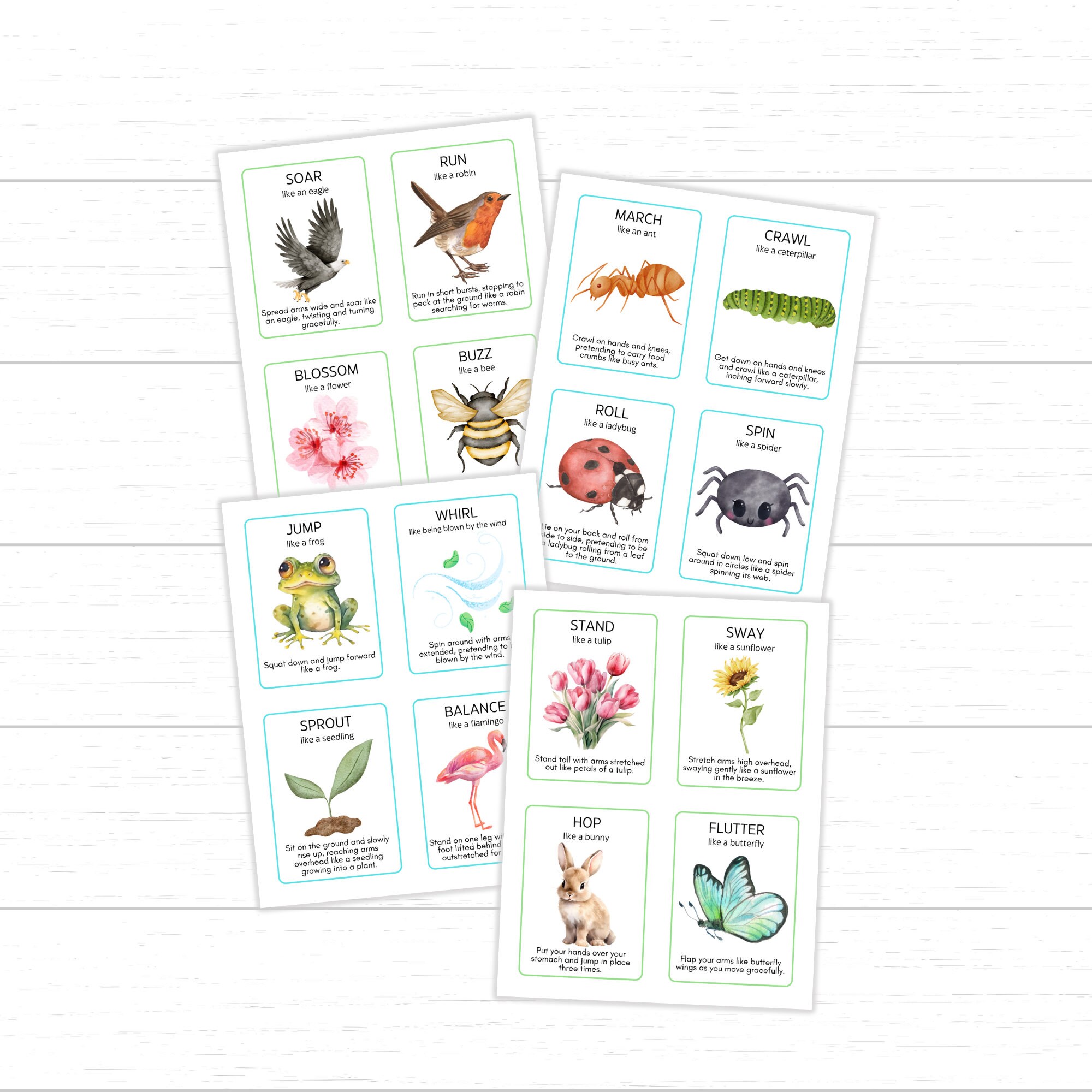 Spring Movement Cards, Printable Action Flash Cards, Preschool Activity ...
