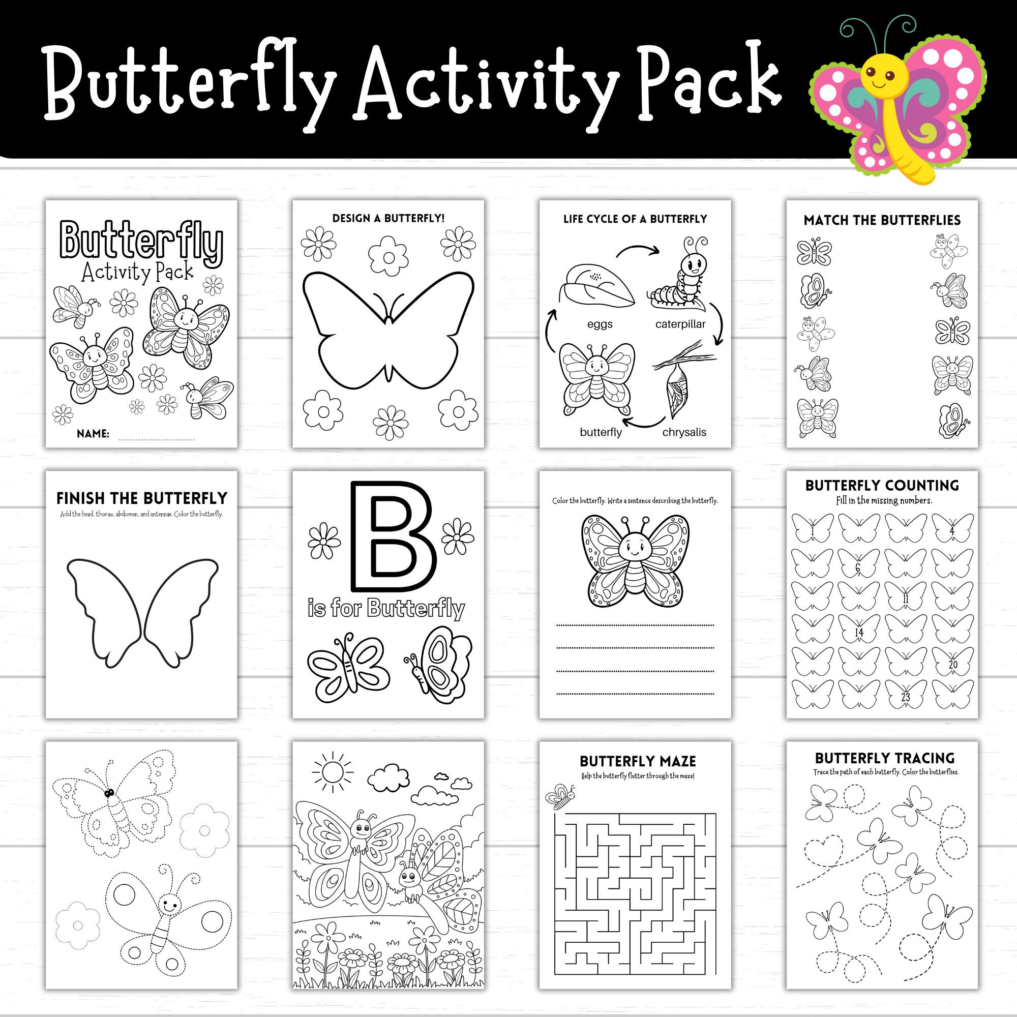 Butterfly Activity Pack Printable for Kids, Butterfly Craft, Coloring ...