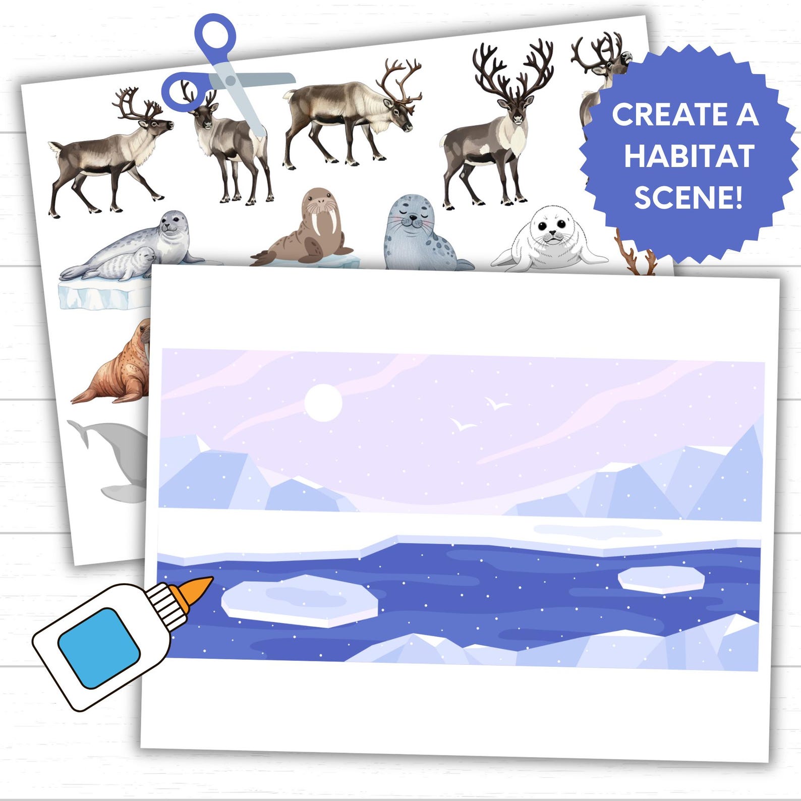 Arctic Animals Cut and Paste Activity, Arctic Habitat Scenes Printable ...