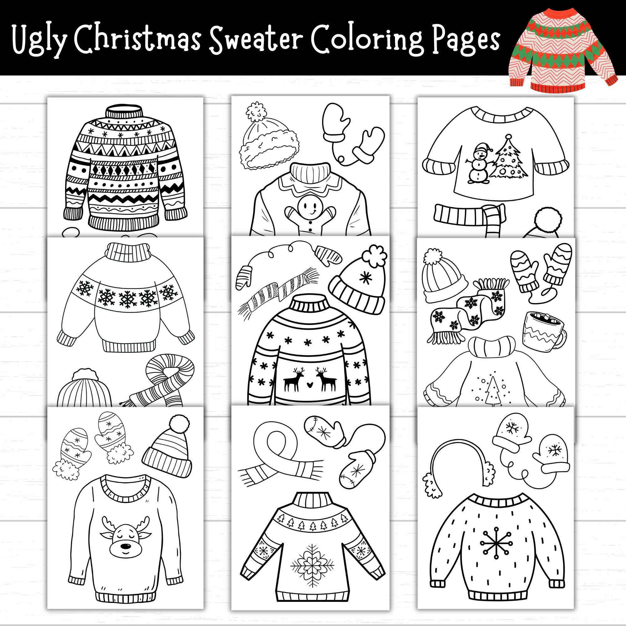 Ugly Christmas Sweater Coloring Pages for Kids, Printable Holiday ...