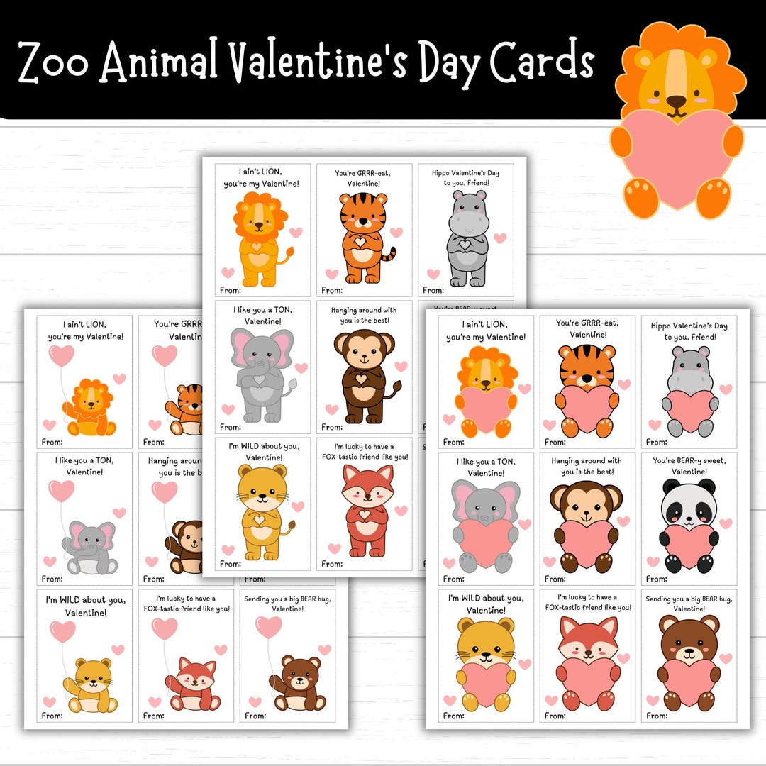 Zoo Animal Valentine's Day Cards, Printable Valentine's Day Cards for ...