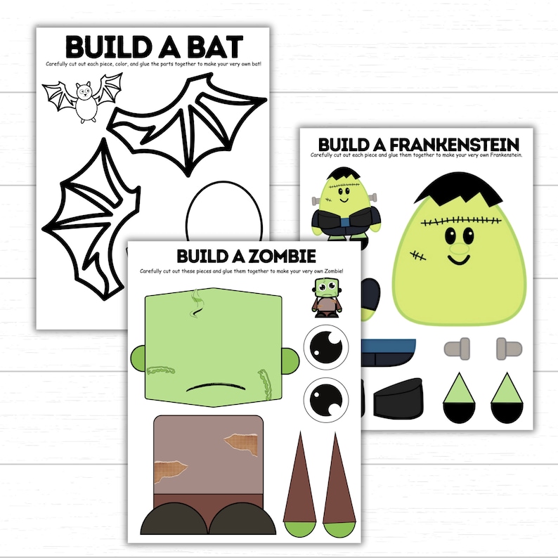 Build A Bat, Build A Zombie, Build A Frankenstein, Printable Halloween ...