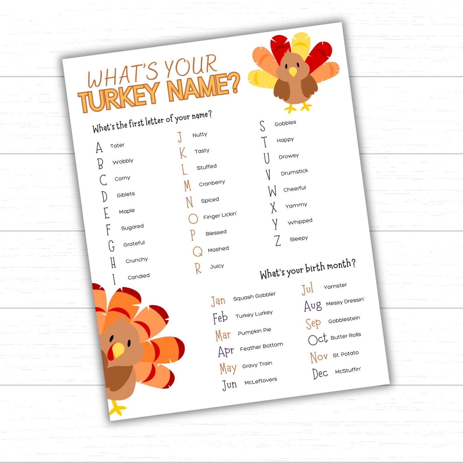 What's Your Turkey Name Game, Printable What's Your Turkey Name Game ...