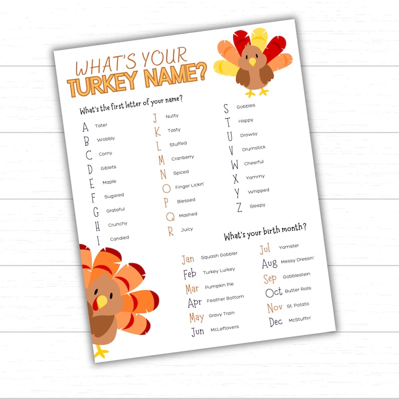 What's Your Turkey Name Game, Printable What's Your Turkey Name Game ...