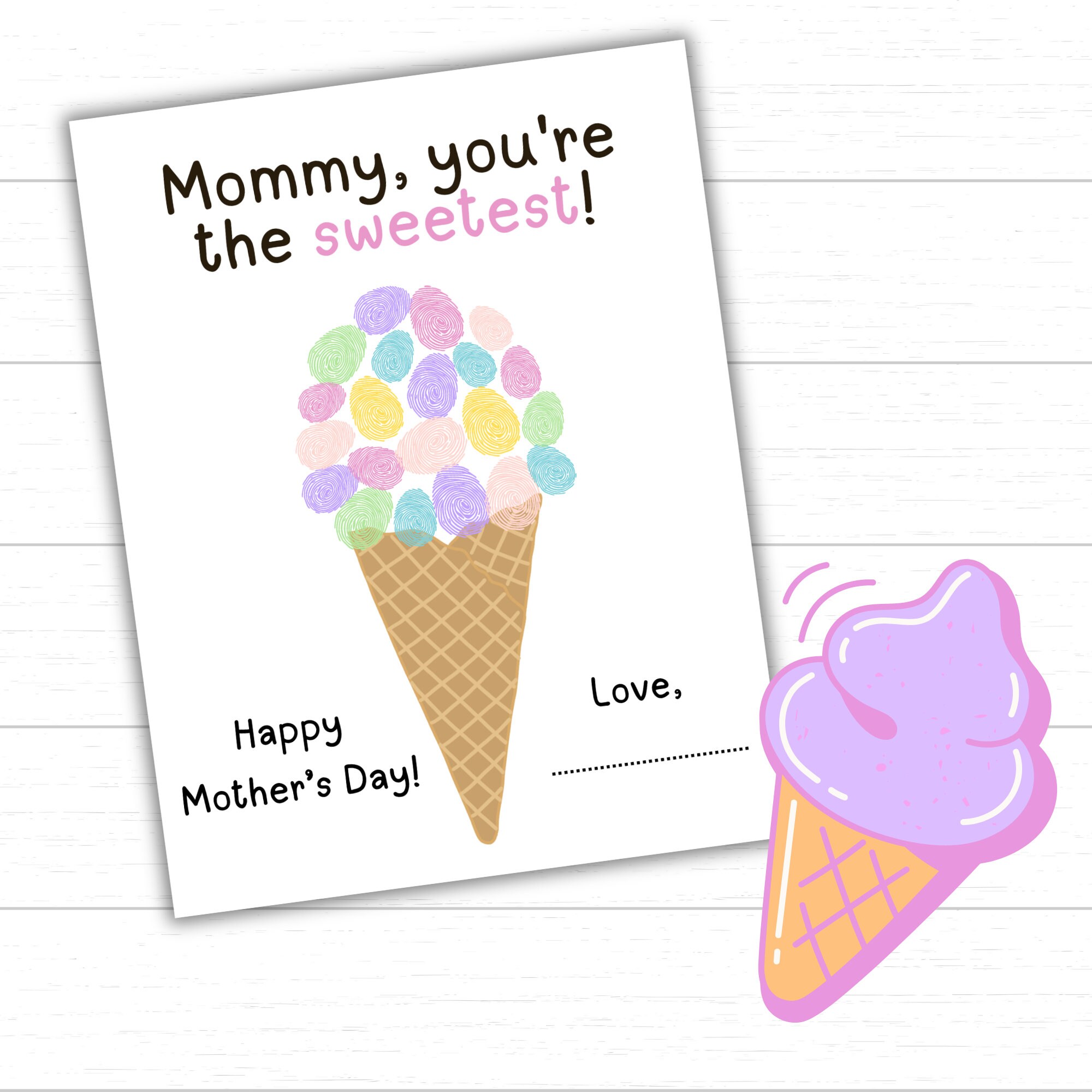 Mother's Day Ice Cream Fingerprint Art, You're the Sweetest, Ice Cream ...