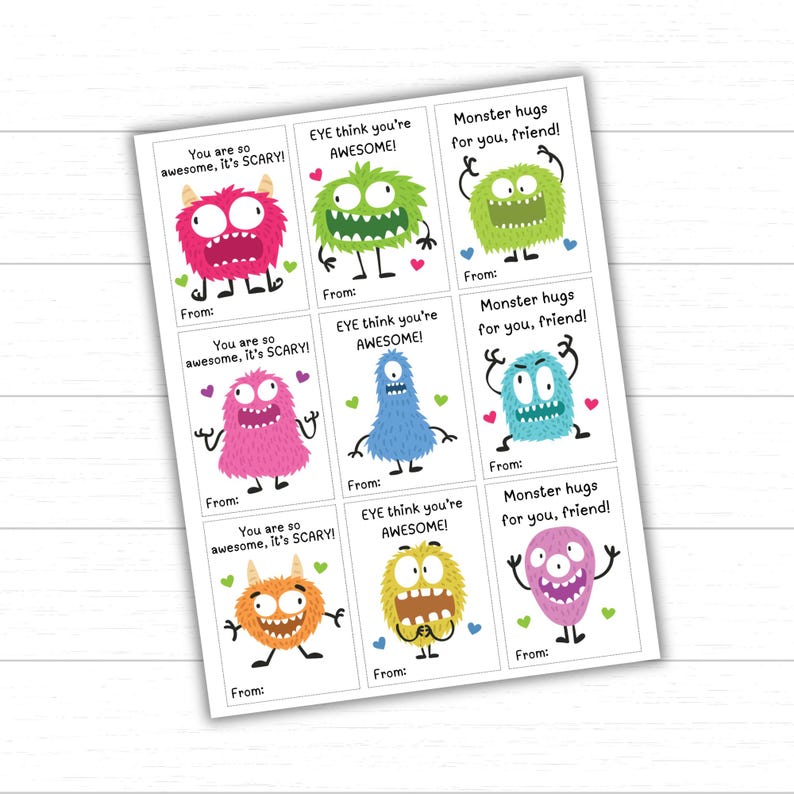 Monster Valentine's Day Cards Printable, Cute Monster Themed Cards to ...