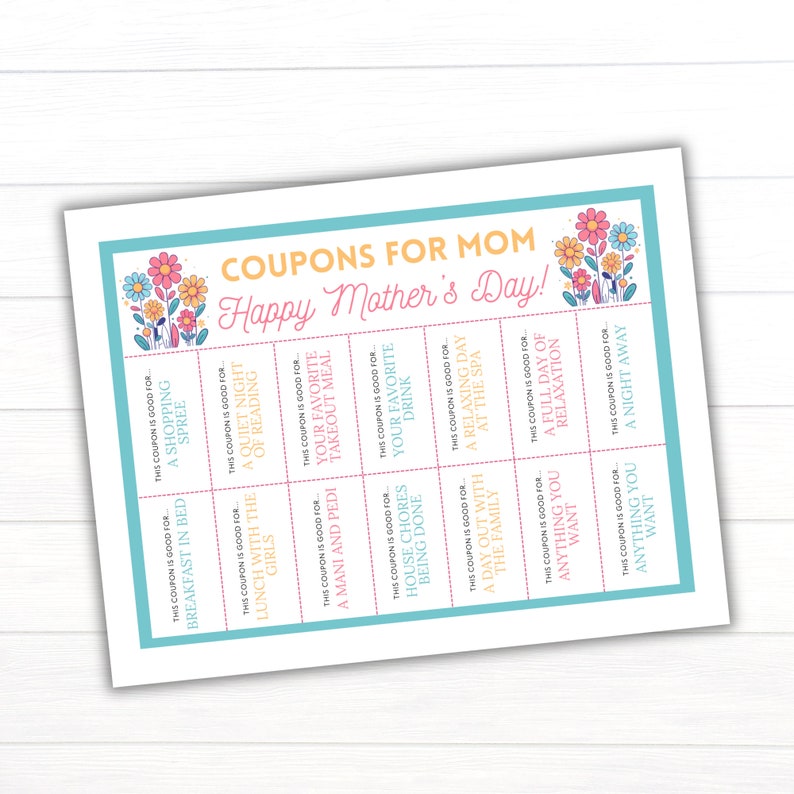 Coupons for Mom, Mother's Day Coupon Pack, Printable Coupons, Mother's ...