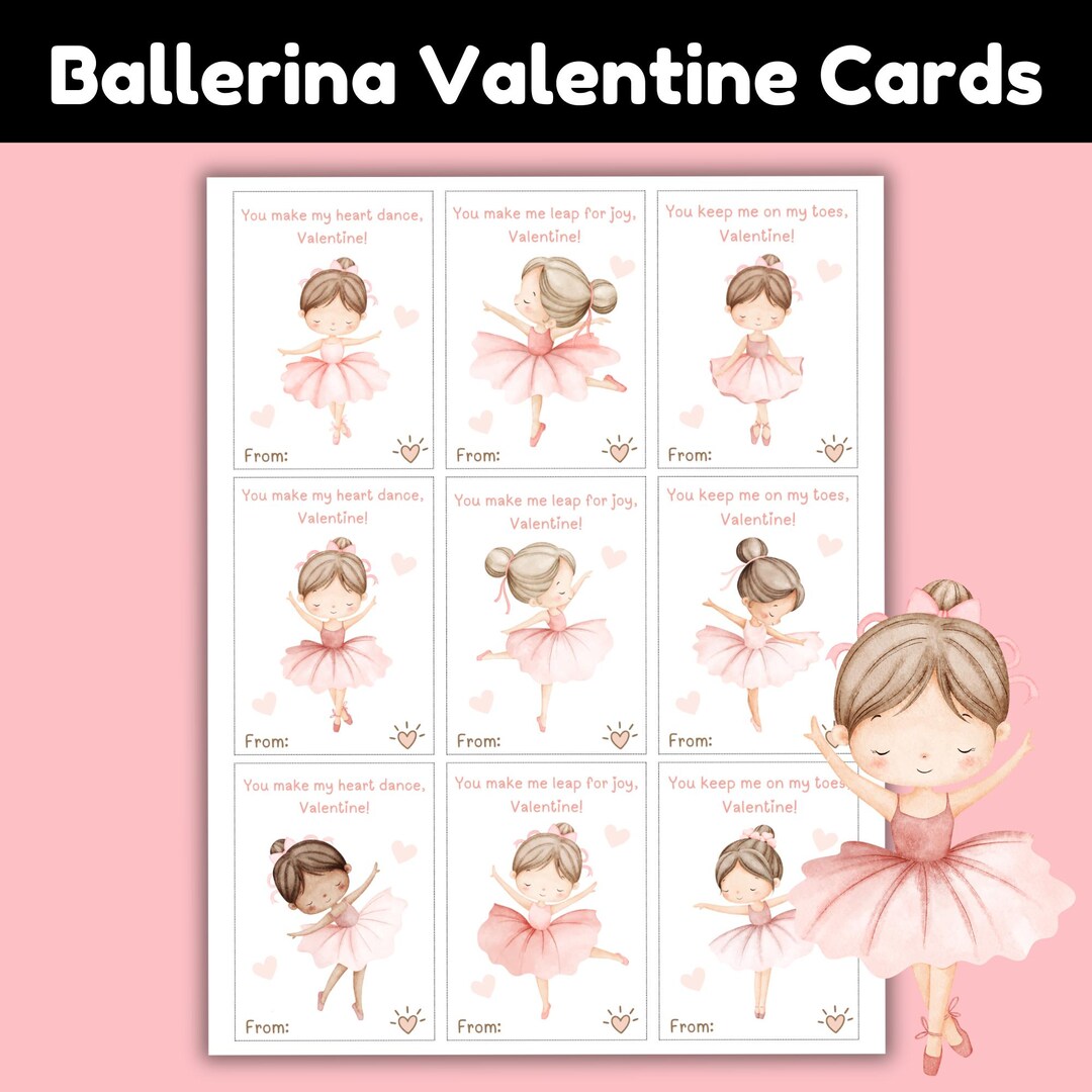 Ballerina Valentine Cards for Kids Printable, Dance Valentine’s Day ...