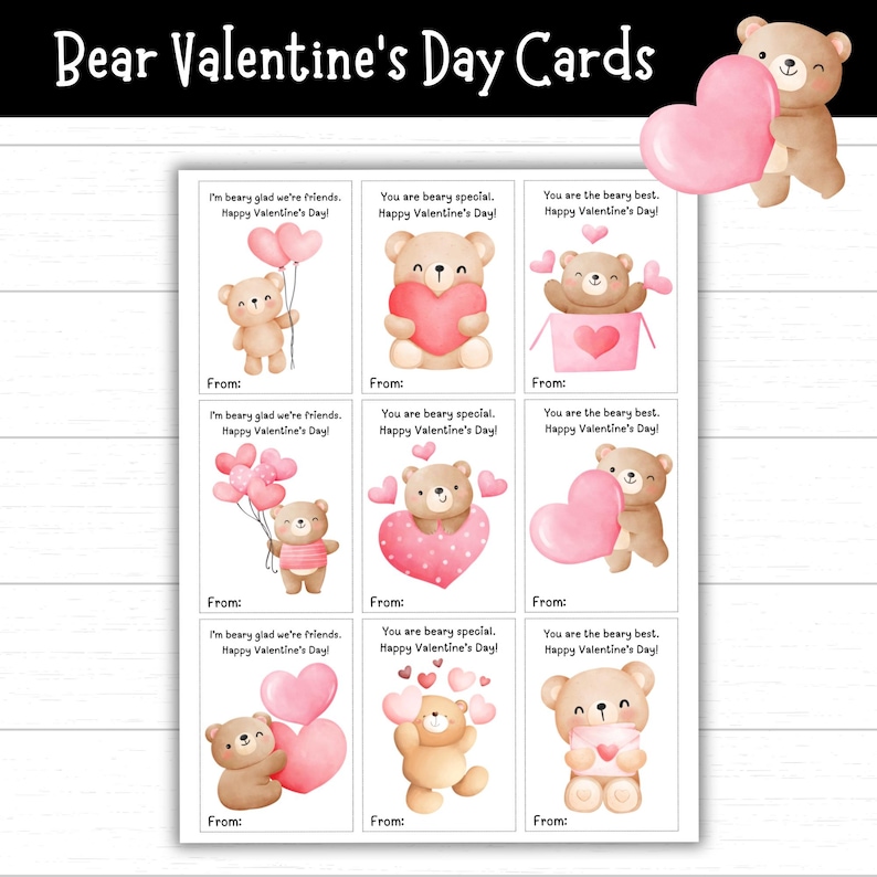 Bear Valentine's Day Cards, Printable Valentines, Classroom Exchange ...