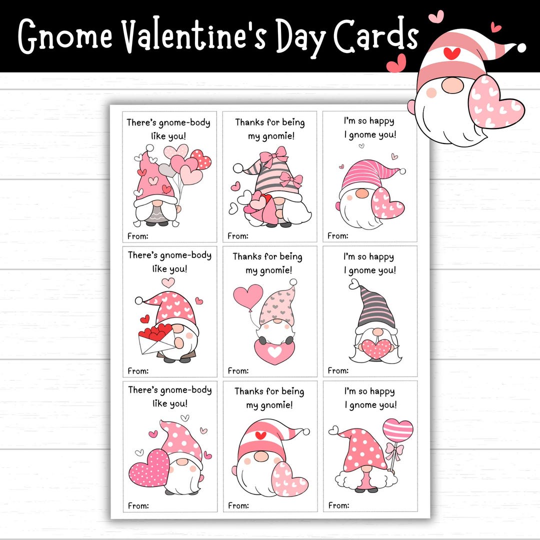 Gnome Valentine's Day Cards, Printable Gnome Valentines, Classroom ...