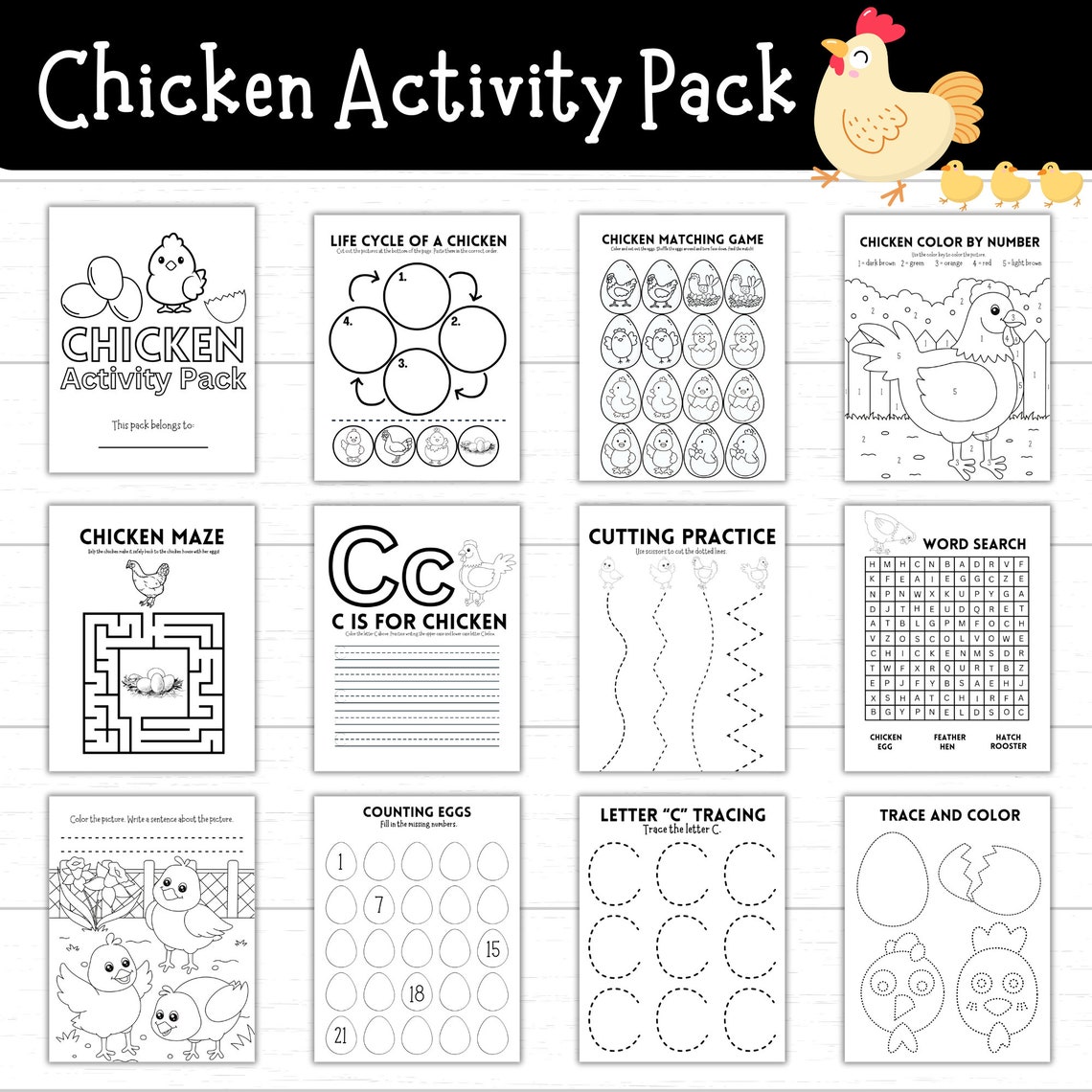 Chicken Activity Pack, Chicken Unit, Chicken Worksheets for Kids, Cute ...