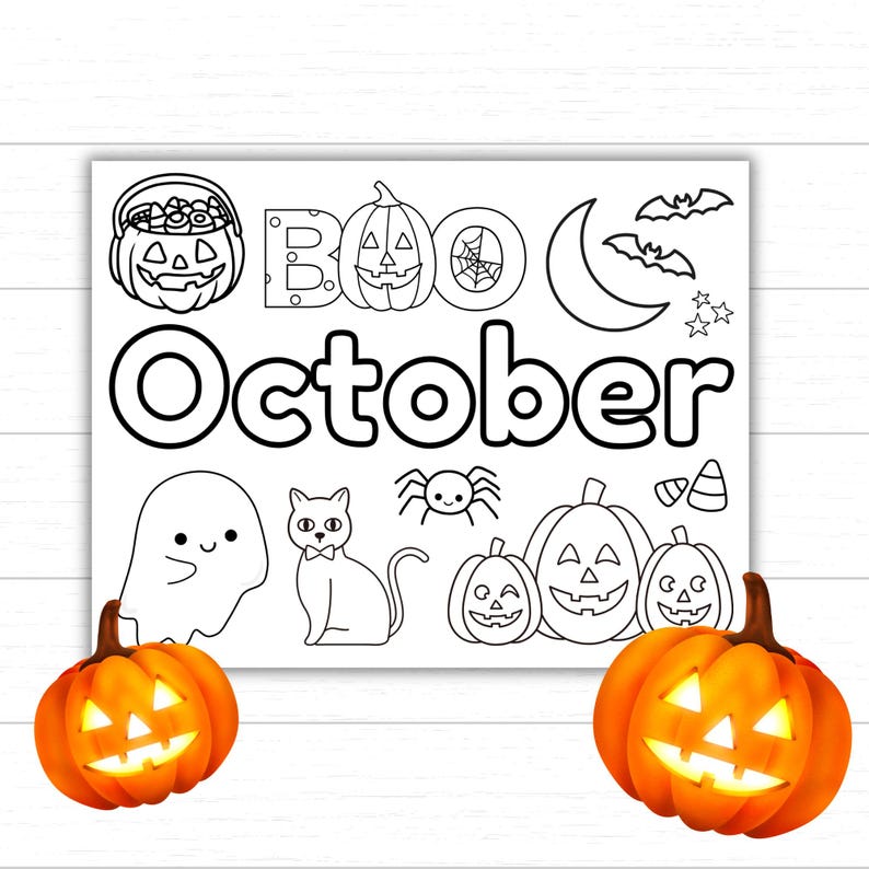 October Coloring Page Printable, Halloween Coloring Sheet, Month of ...