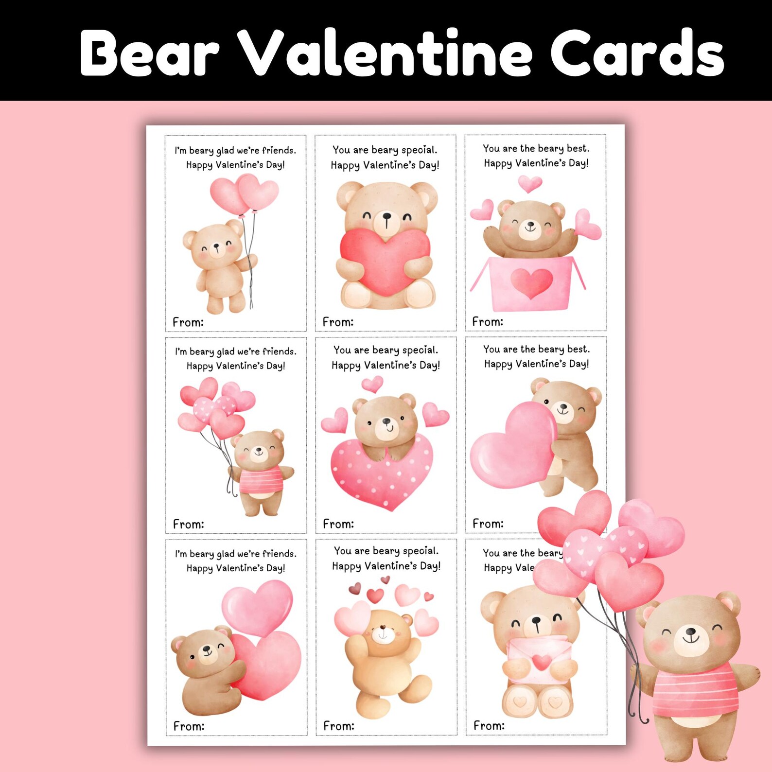Bear Valentine Cards Printable for Kids, Cute Classroom Valentines ...