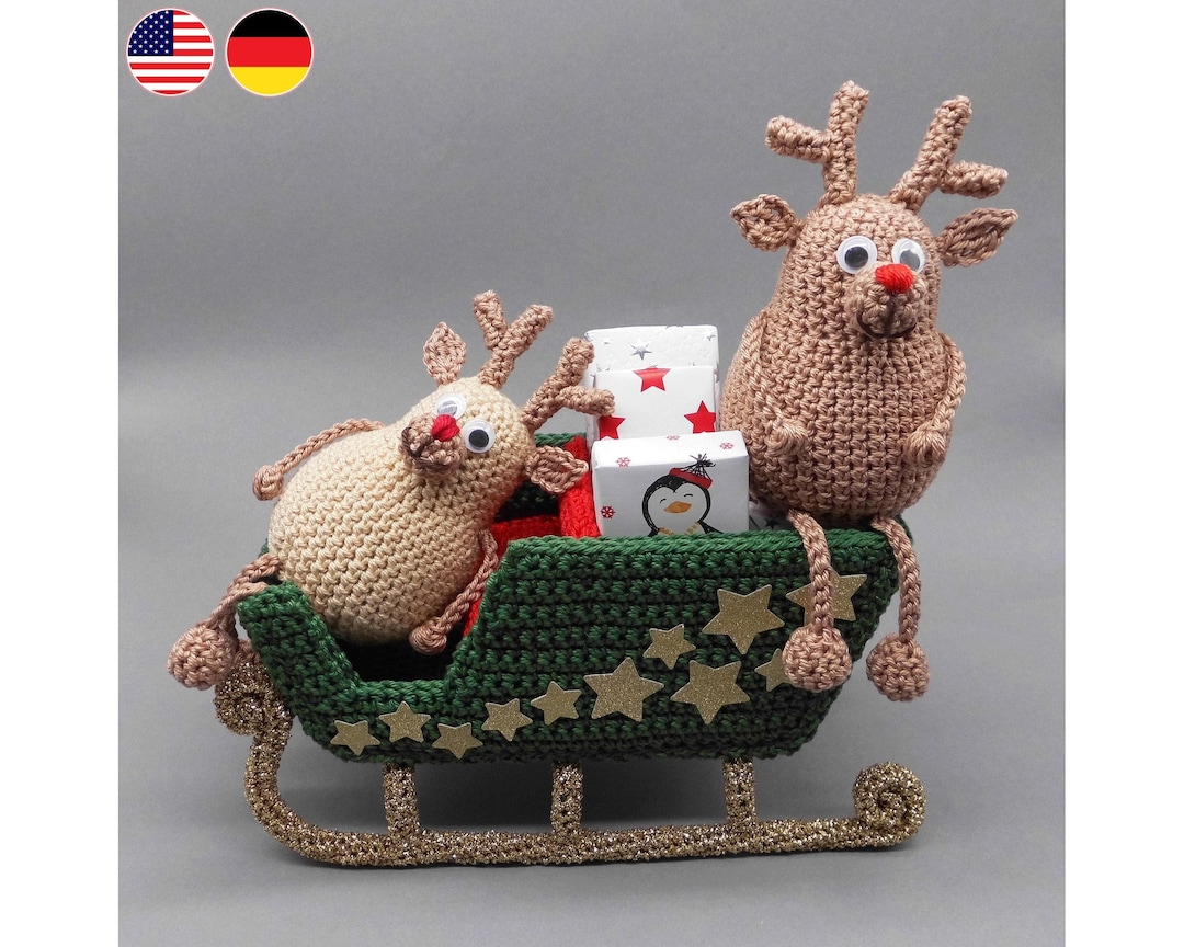 Crochet Pattern Christmas Decoration Sleigh and Edge Stool Reindeers ...