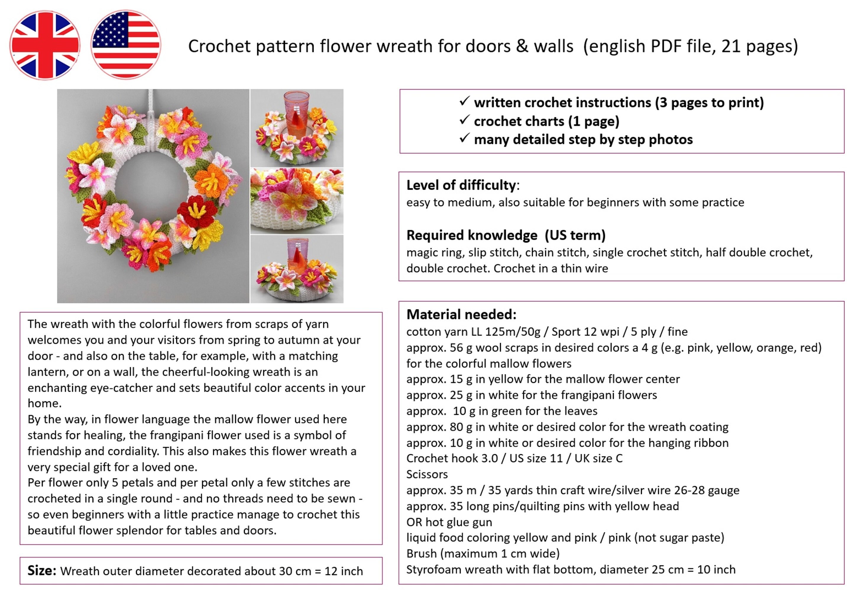 Crochet Pattern Door Wreath With Colorful Flowers, Flower Decor for ...